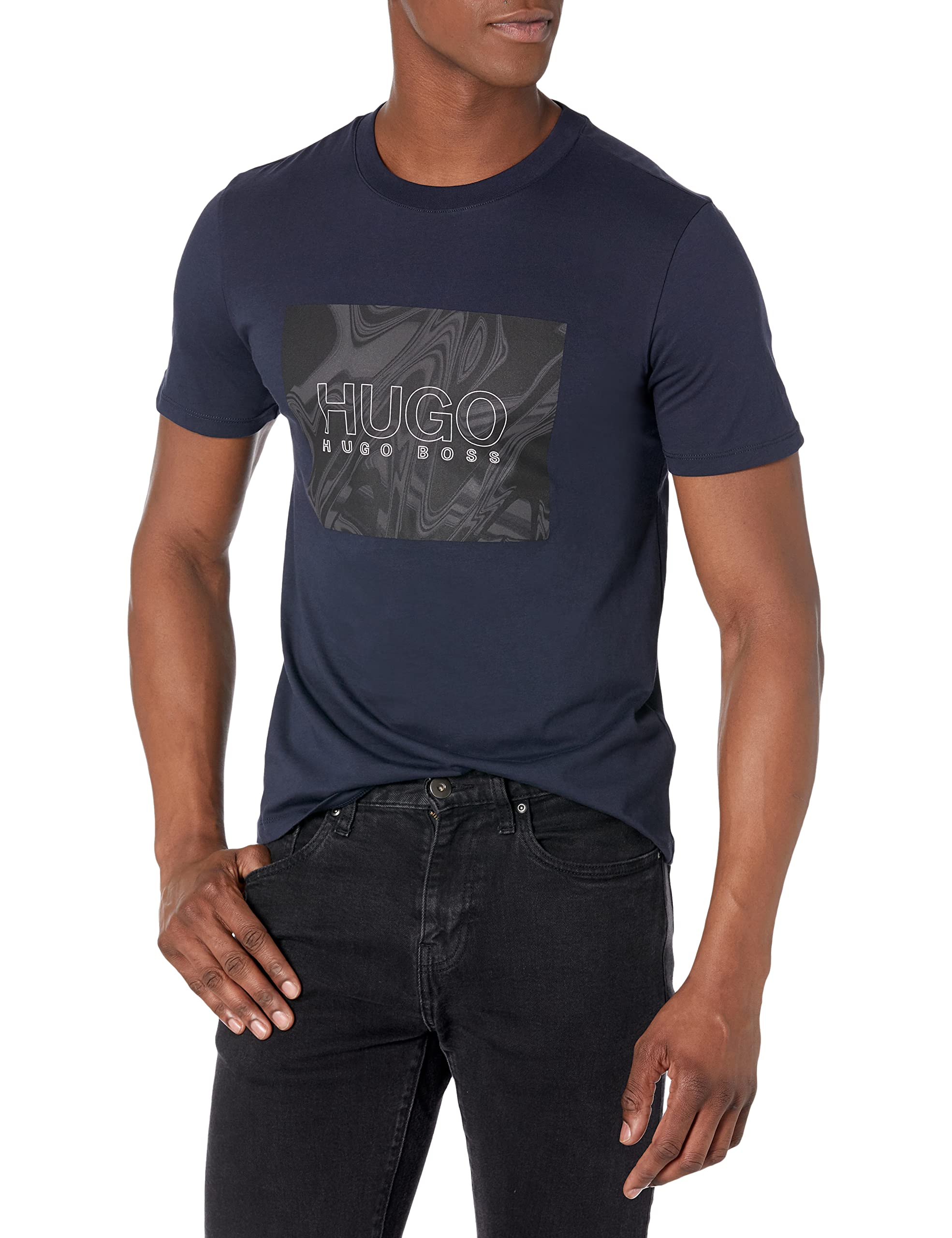 HUGO Boss Mens Short Sleeve Glitch Logo Print T-Shirt T Shirt, Rich Navy, Large US