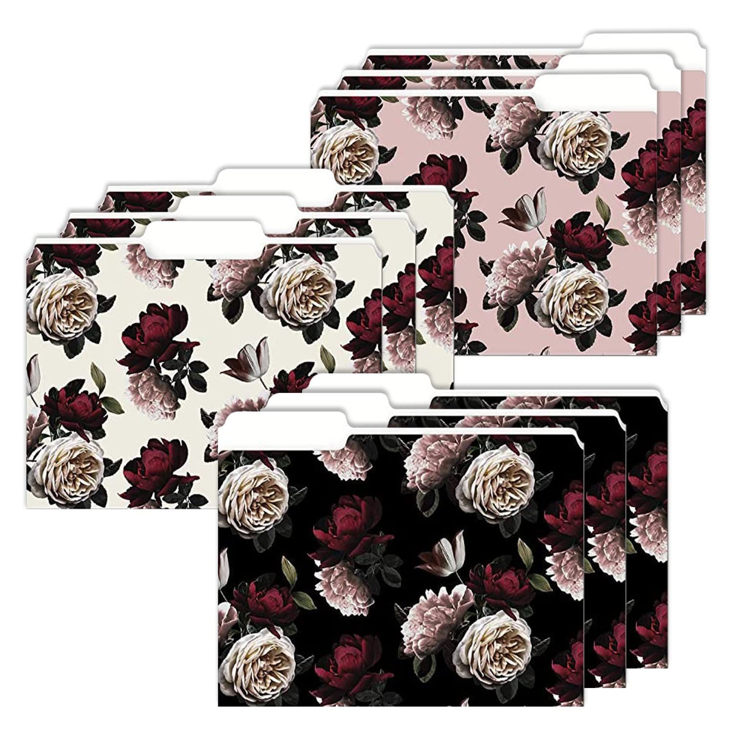 Happy Day! Products 9 Decorative File Folders for Women - Black Moody Flowers Cute Design - Colored File Folder Letter Size 1/3 Cut Tabs - Office Supplies Organizers for Females - 9.75" x 11.5"