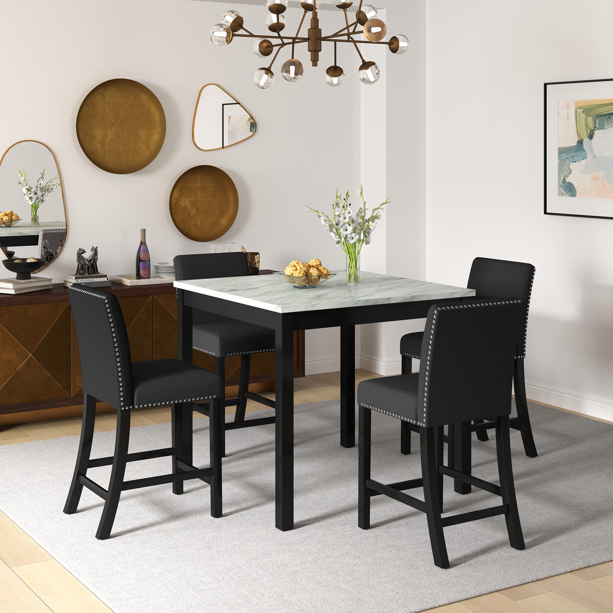 Harper & Bright Designs 5-Piece Counter Height Dining Table Set,Kitchen Table Set with One Faux Marble Dining Table and 4 Upholstered-Seat Chairs for Kitchen and Living Room Furniture,Gray
