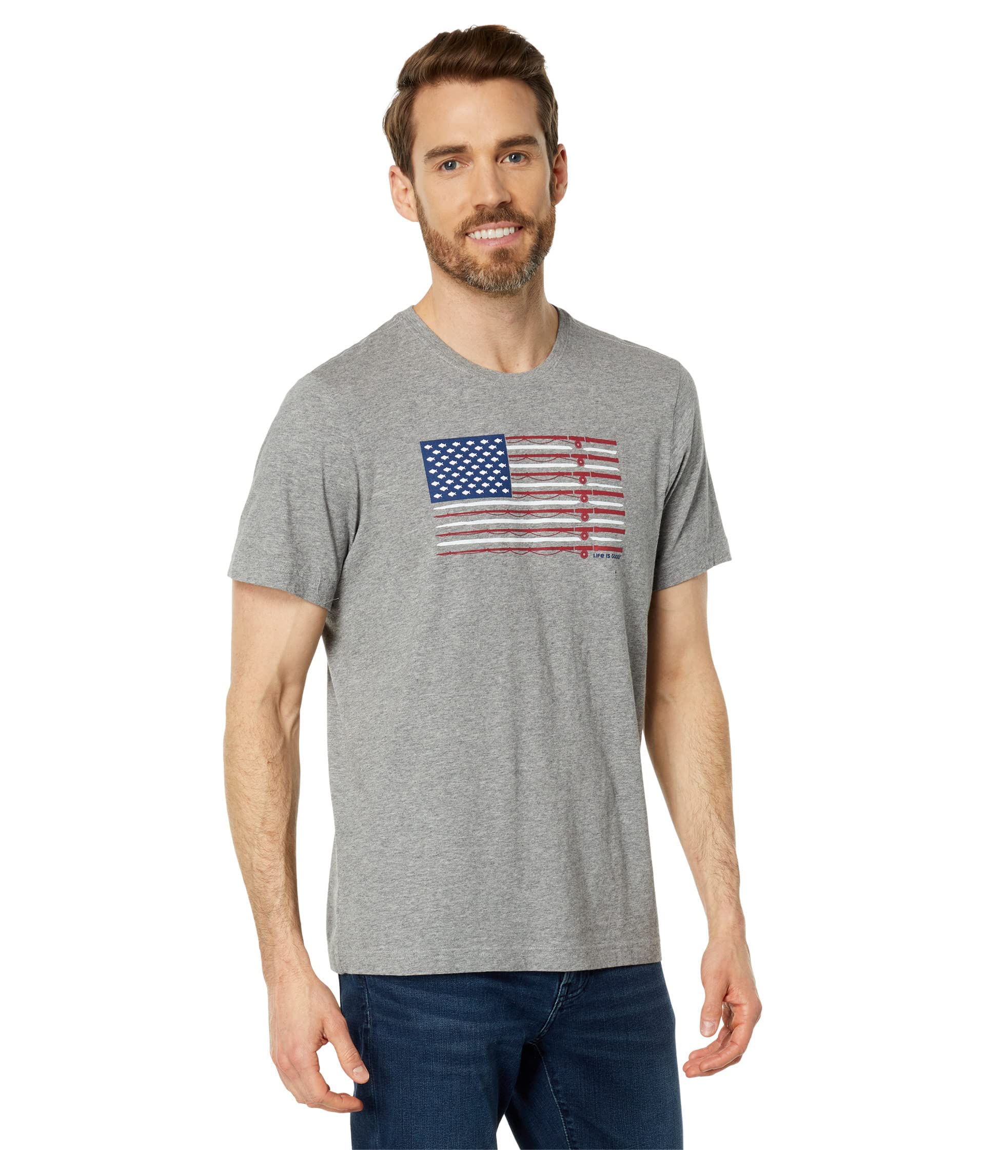 Life is Good. Men's Fishing Flag SS Crusher-Lite Tee, Heather Gray