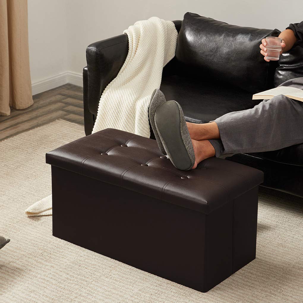 YOUDENOVA 30 inches Folding Storage Ottoman, 85L Storage Ottoman Bench for Living Bedroom and Hallway, Faux Leather Brown Footrest with Foam Padded Seat, Support 350lbs