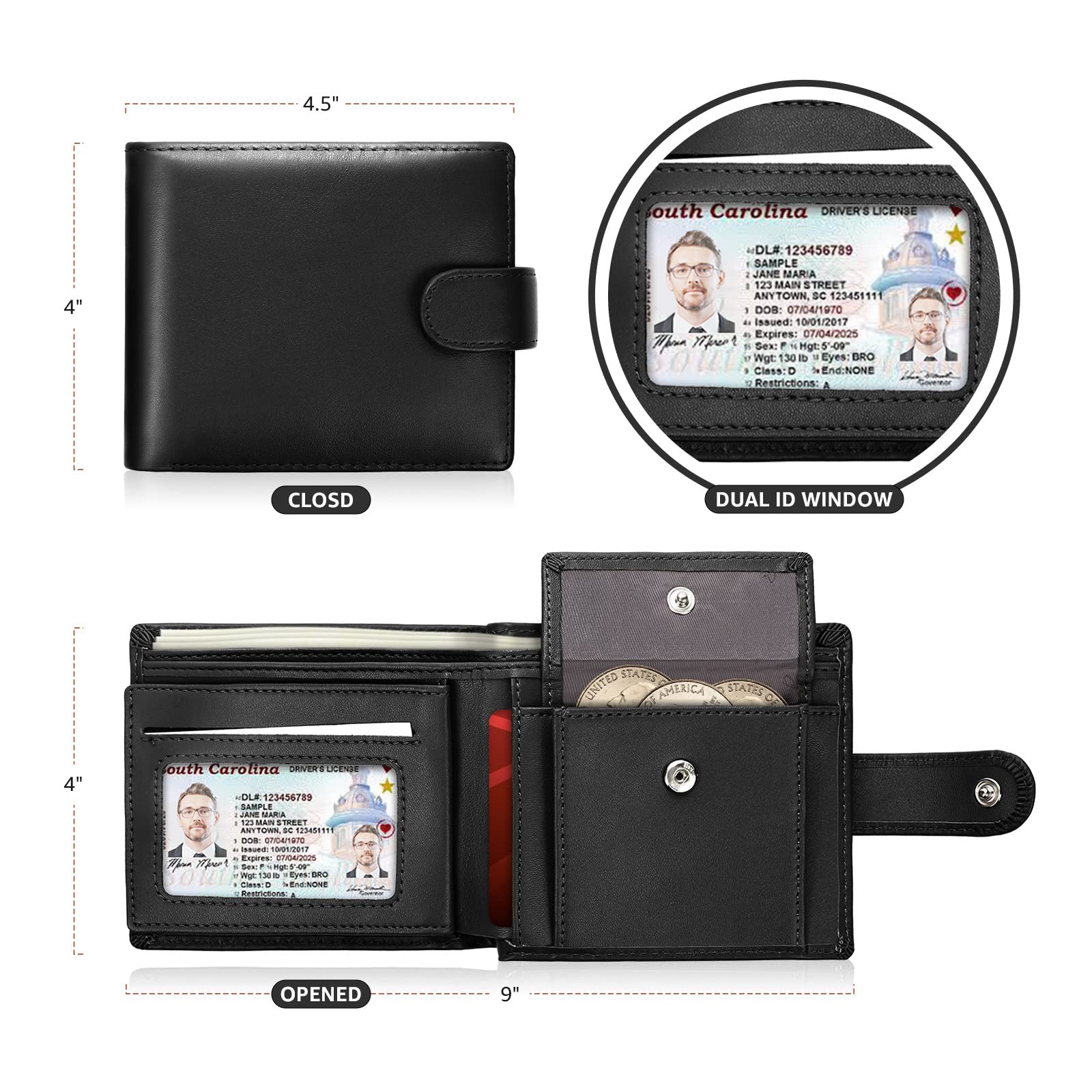 LifeImpree Genuine Leather Wallet for Men Large with Coin Pocket,RFID Bifold Wallets for Men with 2 ID Window and 11 Slots,Gift Box(Black)