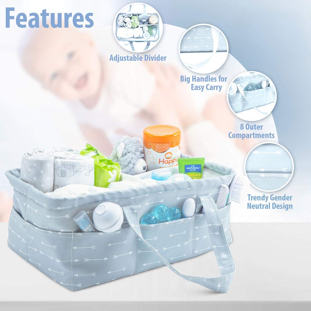 Gray Baby Diaper Caddy Organizer - | Large Gray Nursery Storage Bin for Changing Table | Shower Gift Basket | Car Travel Tote Bag | Newborn Registry Must Have