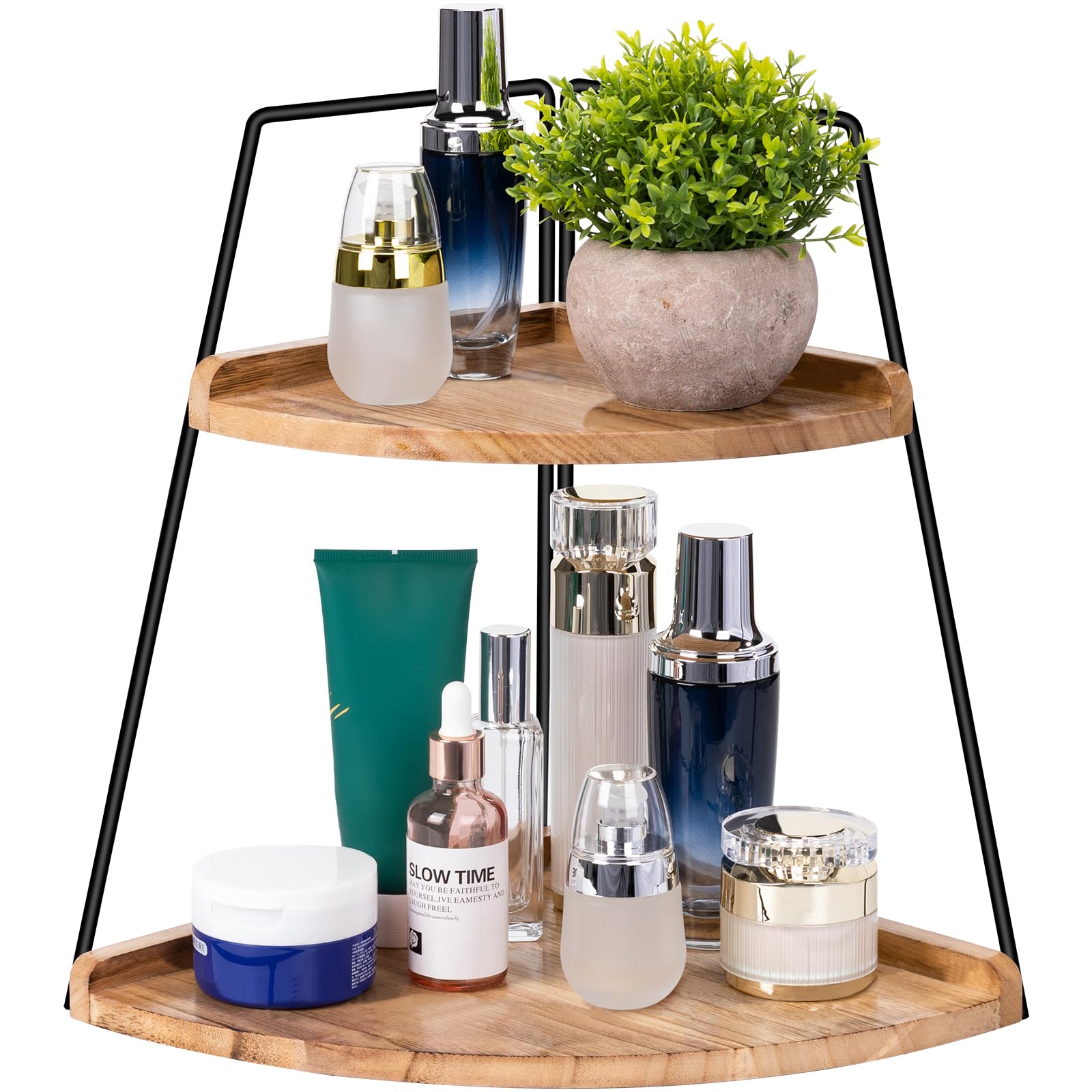 Giftacity Corner Bathroom Counter Organizer - 2-Tier Wood Countertop Vanity Shelf for Bathroom Cosmetic Storage and Decor, Kitchen Corner Counter Standing Rack Coffee Organization