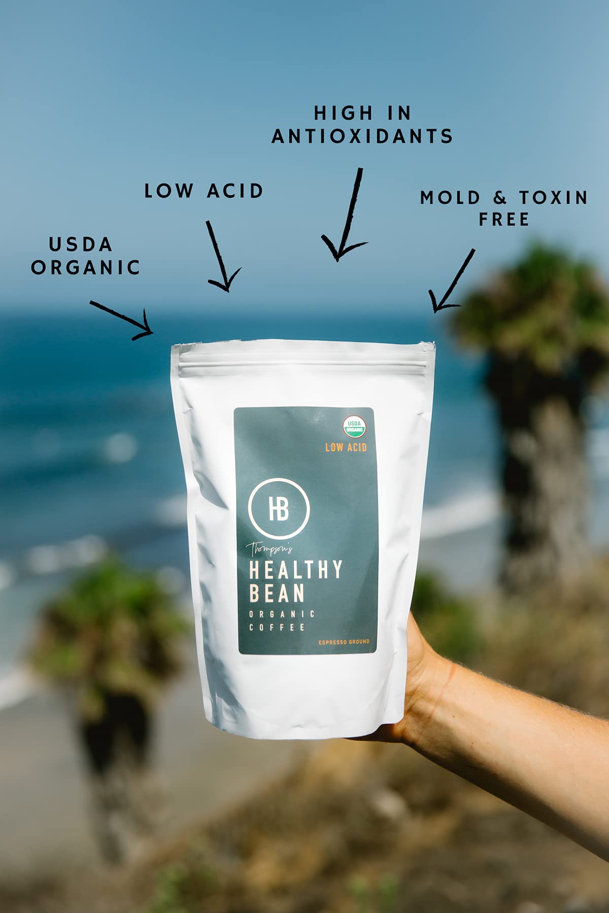 Healthy Bean Coffee - Organic Espresso Ground Coffee - Low Acid Coffee Grounds, Strong, Rich Flavor Clean Coffee, Healthy Coffee - USDA Organic Ground Espresso, Mycotoxin Free Coffee, 11oz