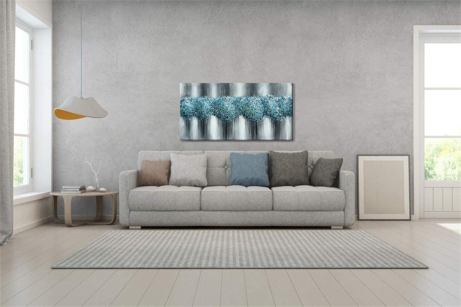 Hand Painted Abstract Blue Wall Art 46x23 Inches, Large Wall Paintings with 3D Effect, Textured Canvas Wall Art for Living Room, Bedroom, etc.
