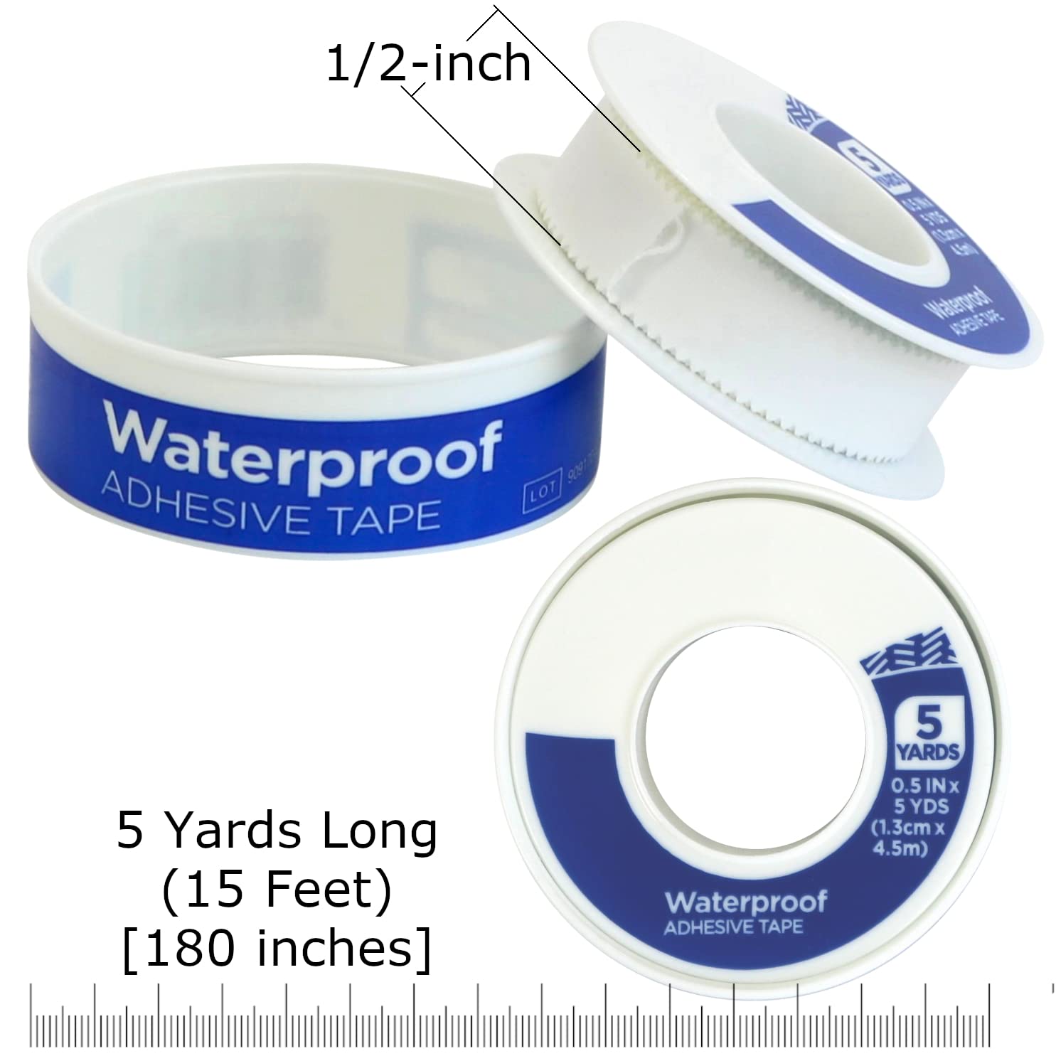 Iconikal First Aid Waterproof Adhesive Tape, White, 0.5 Inch x 5 Yards, 4-Pack