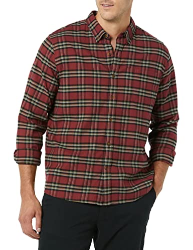 Goodthreads Men's Slim-Fit Long-Sleeved Stretch Oxford Shirt with Pocket, Burgundy Plaid, Large