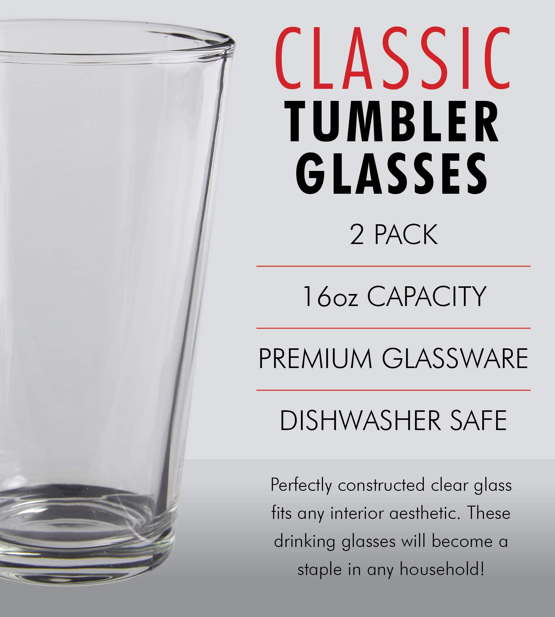 Kitchen Lux Pint Beer Glasses Set of 2 – 16 oz Tall Clear Drinking Glasses and All Purpose Tumblers – Heavy Base Cocktail, Water, Juice Glass – Pub Style Design For Home Dining, Bars, and Parties