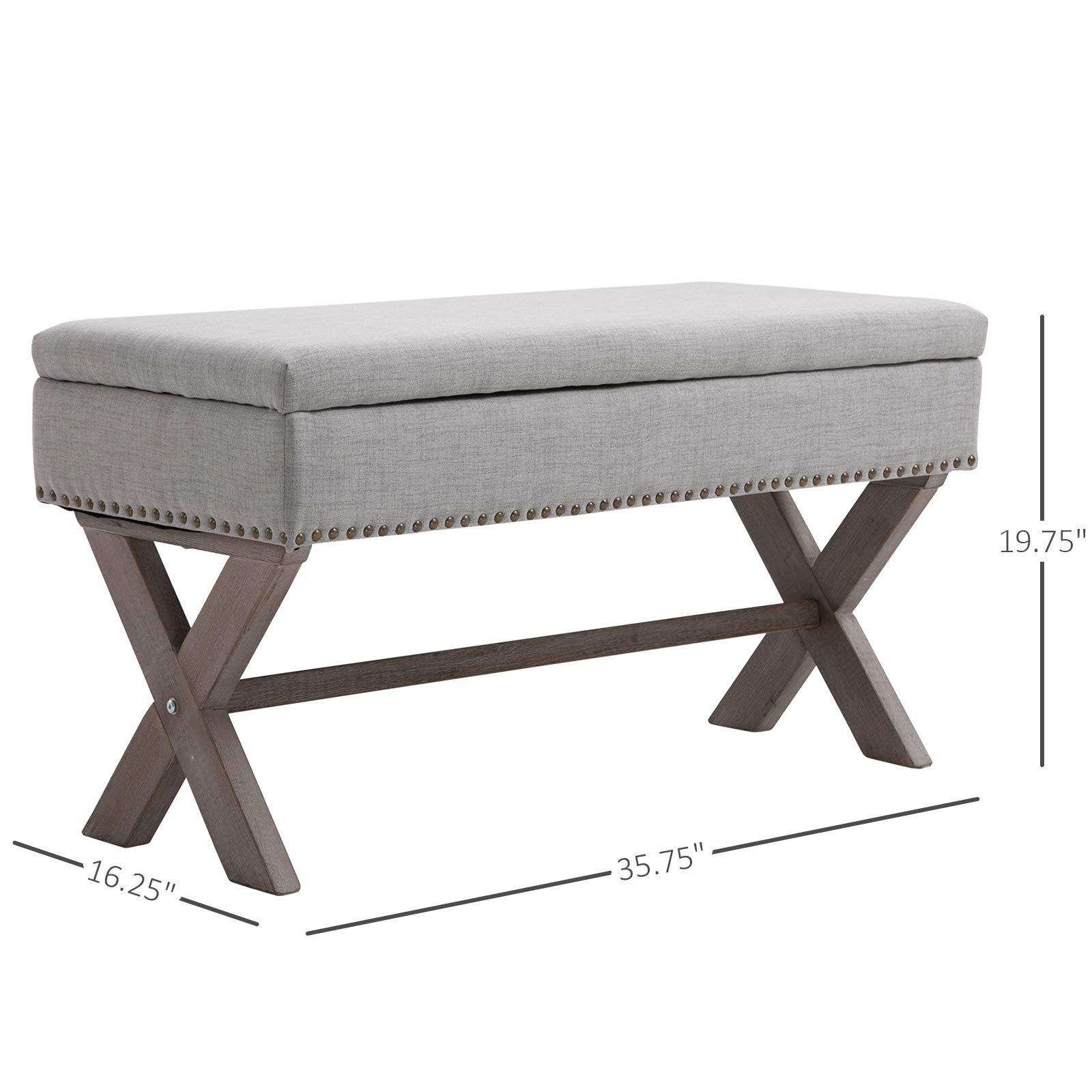 HOMCOM 35.75" Storage Ottoman, Upholstered Storage Bench with Hidden Space, Nailhead Trim and X-Shaped Wood Legs, for Living Room, Entryway, Bedroom, Grey