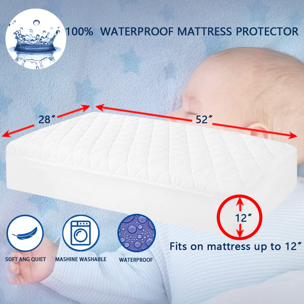 Nicesure Crib Fitted Sheets Waterproof Mattress Protector 12'' Deep Bottom Sheets Mattress Pad Cover Noiseless Soft Breathable Washable Mattress Topper for Kids Pets Adults, 28'' x 52'', White