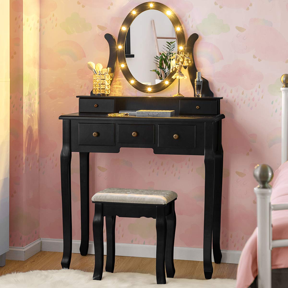 Giantex Vanity Table Set with 12 Lights Mirror, Bedroom Makeup Dressing Table with 360° Rotating Oval Mirror, 5 Drawers and Shelf, Modern Makeup Table with Cushioned Stool for Girls Women (White)