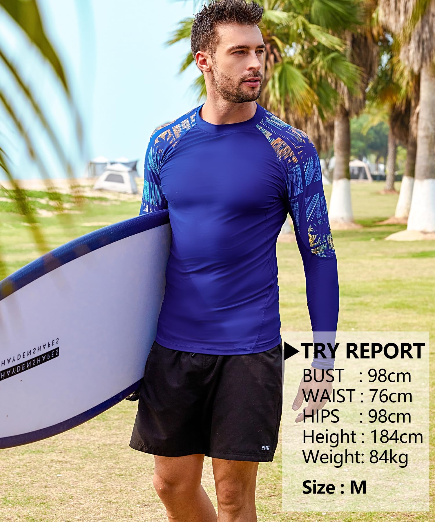 HUGE SPORTS Men's Rash Guard Long Sleeves UPF 50+ UV Sun Protection Quick Drying Splice Compression Swim Shirts(Tropical Style,L)