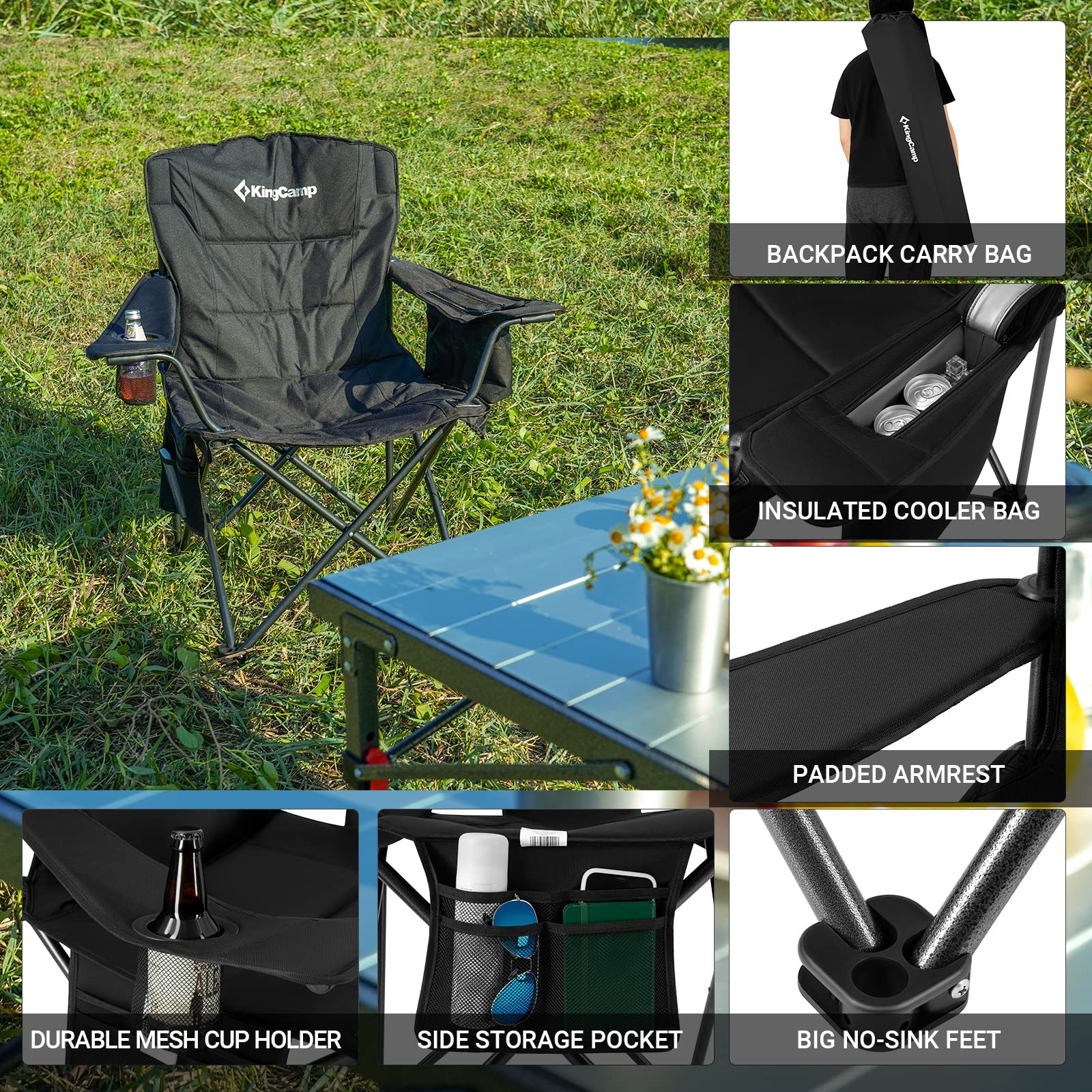 KingCamp Oversized Folding Camping Chair for Adults Portable Outdoor Lawn Heavy Duty with Cooler, Cup Holder, Side Pocket,Carry Bag, 1 Pack, Black