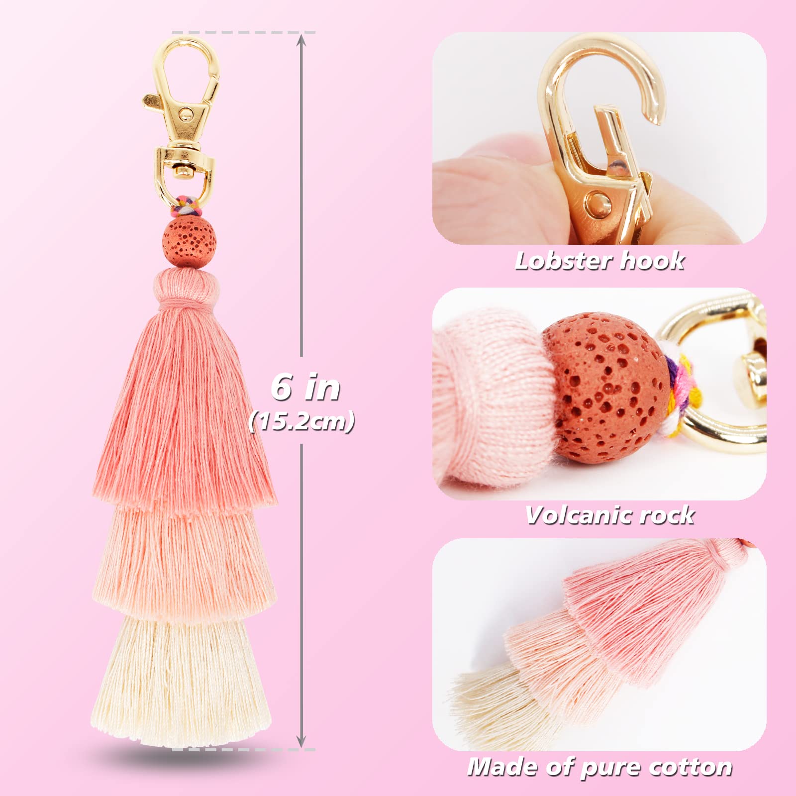 Hisuper Boho Keychains Pom Pom Tassel Macrame Keyring Alphabet Initial Letter M Keychain Pendant Car Key Ring for Purse Handbags Women Girl