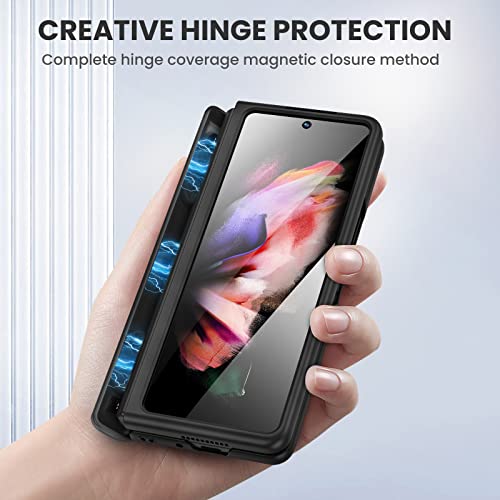 Ruky for Samsung Galaxy Z Fold 3 Full Body Case, Magnetic Kickstand, Hinge Protection, Built-in Screen Protector PU Leather Stand Case for Samsung Galaxy Z Fold 3 5G, Black