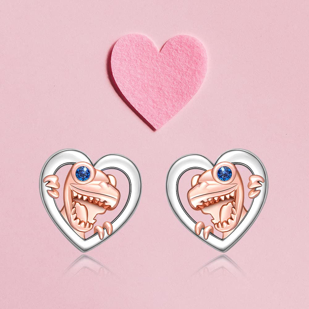 Heart Dinosaur Earrings Sterling Silver Studs for Cute Crystal Sapphire Jewelry Women's Statement Hypoallergenic Animal Valentine Gift