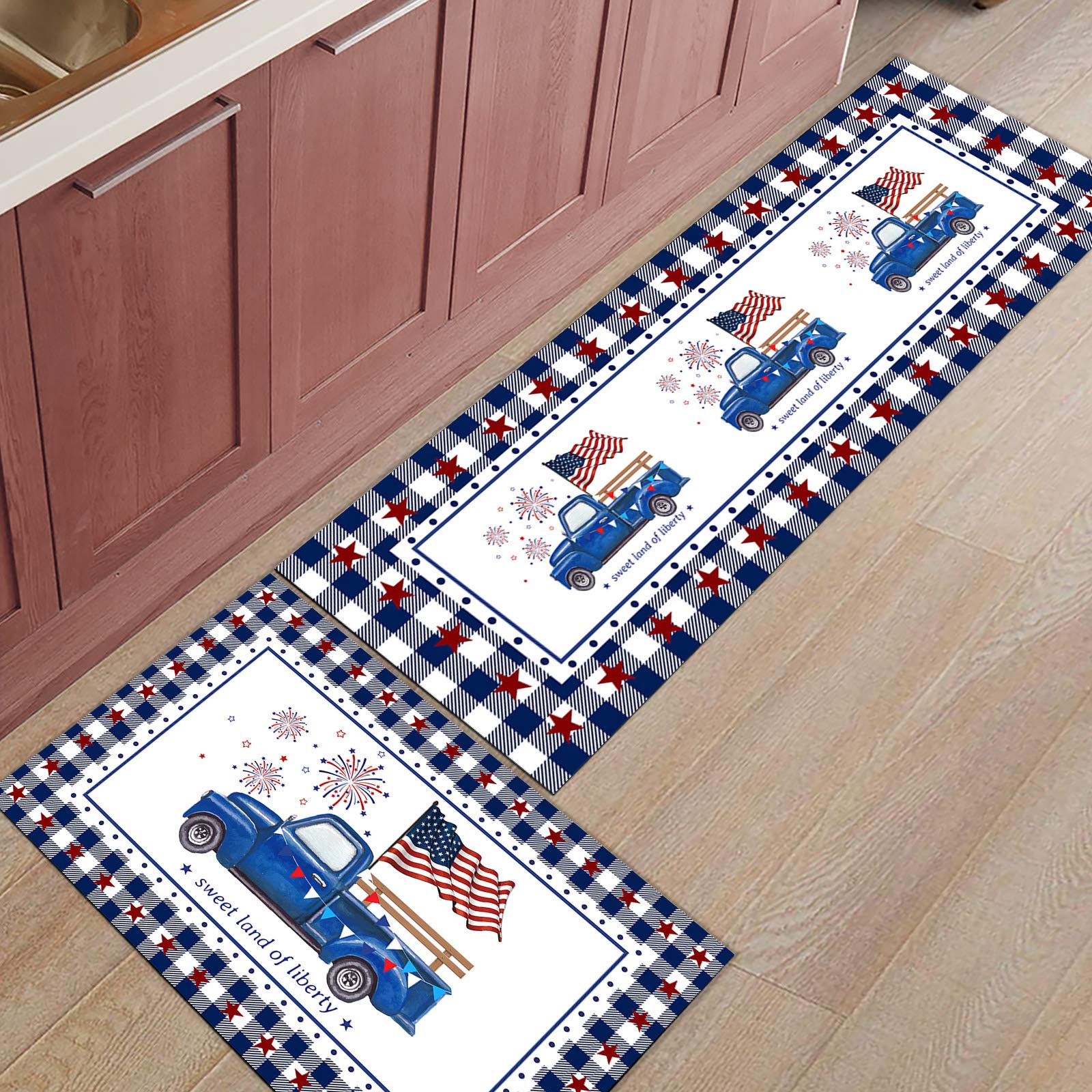 July 4th Kitchen Rugs Sets 2 Piece Floor Mats Independence Day Buffalo Plaid Blue Truck Stars Doormat Non-Slip Rubber Backing Area Rugs Carpet Inside Door Mat Pad Sets-15.7" x 23.6"+15.7" x 47.2"