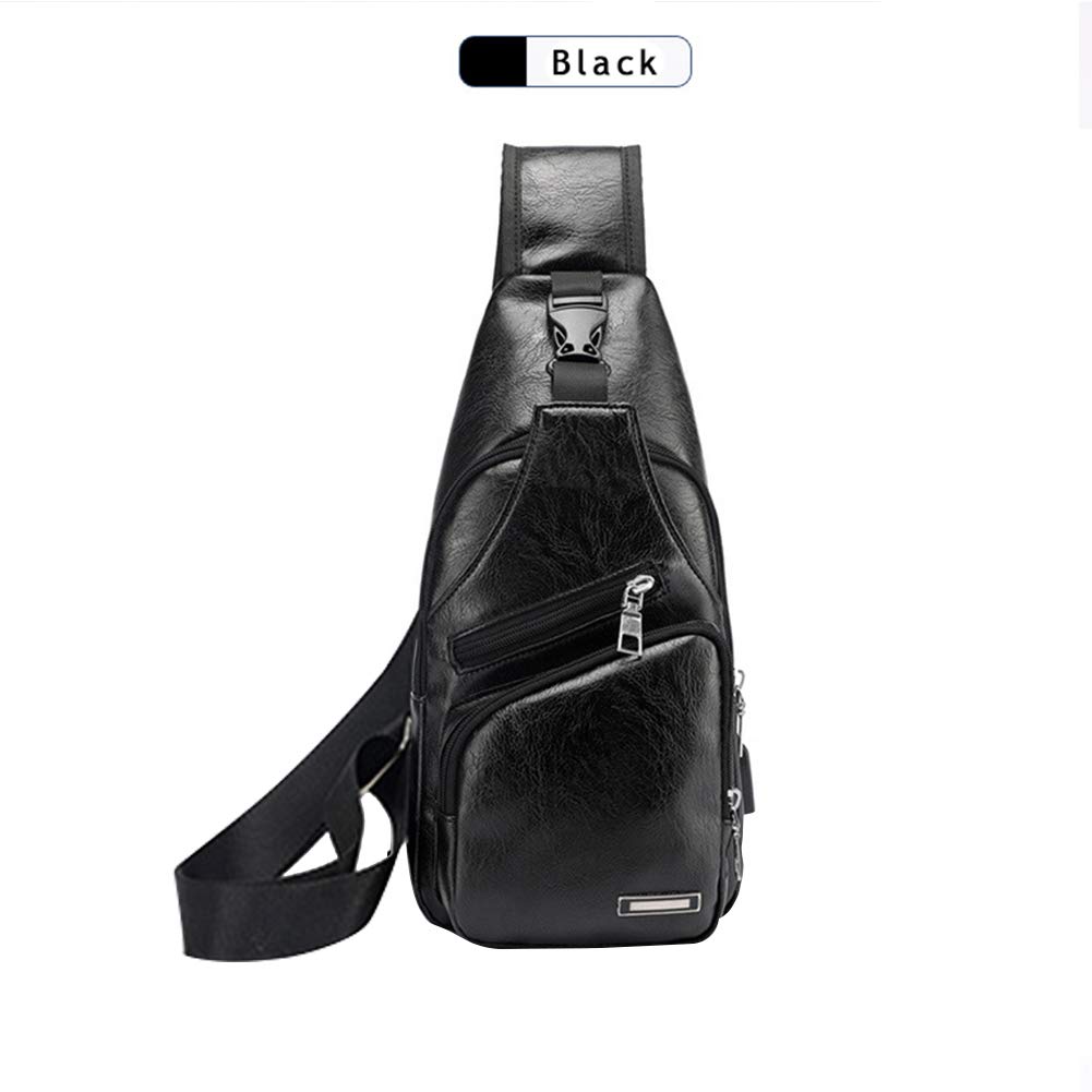 JUMO CYLY Leather Sling Bag with USB Charging Port Large Mens Crossbody Shoulder Bag Travel Sling Chest Bag (Small Black)