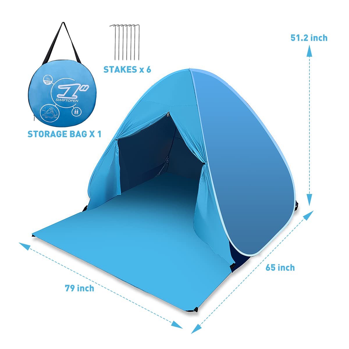 Hitish Beach Tent, Windproof & Portable Sun Shade Shelter for 3-4 Person with UPF 50+ UV Protection, Extended Floor & Roll Up Window, Easy Setup Beach Tent with Carry Bag, 6 Stakes for Camping Fishing