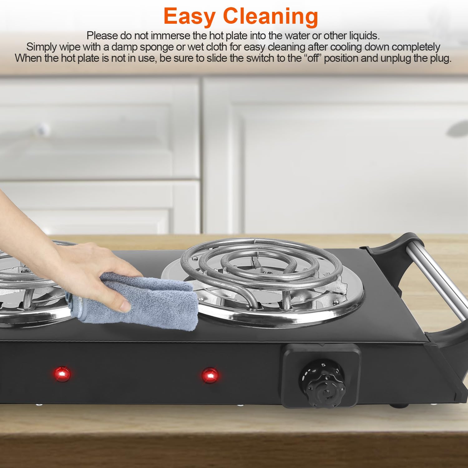 Hot Plate, 2000W Portable Electric Double Burner W/5 Level Temperature Control & Stay Cool Handles, Easy to Clean, Lightweight Cast Iron Electric Stove for Kitchen Camping Cooking, 110V