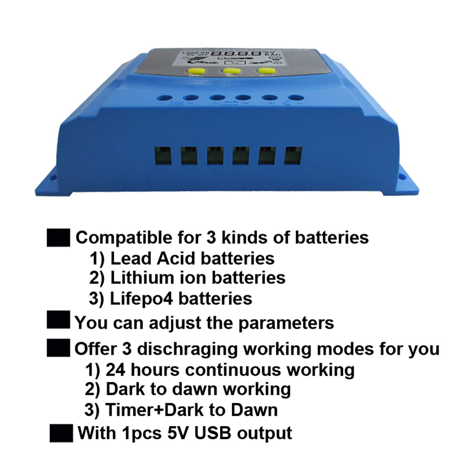 HUINE 20A Solar Charge Controller 12V 24V PWM Solar Regulator Compatible for Lithium ion/Lifepo4/lead Acid Batteries with LCD Display&5V USB &Adjustable Parameter