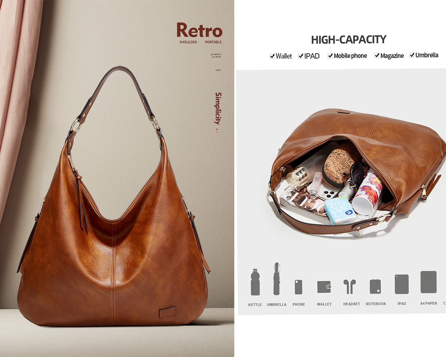 KKP Hobo Purses Shoulder Handbags for Women -Large Soft PU Leather Tote Bag