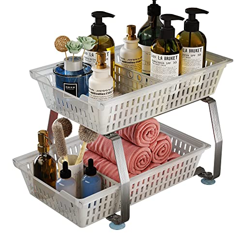 junyuan Under Sink Organizers and Storage, Bathroom Countertop Organizer with Dividers,Double Pull Out Cabinet Organizer Stainless Steel