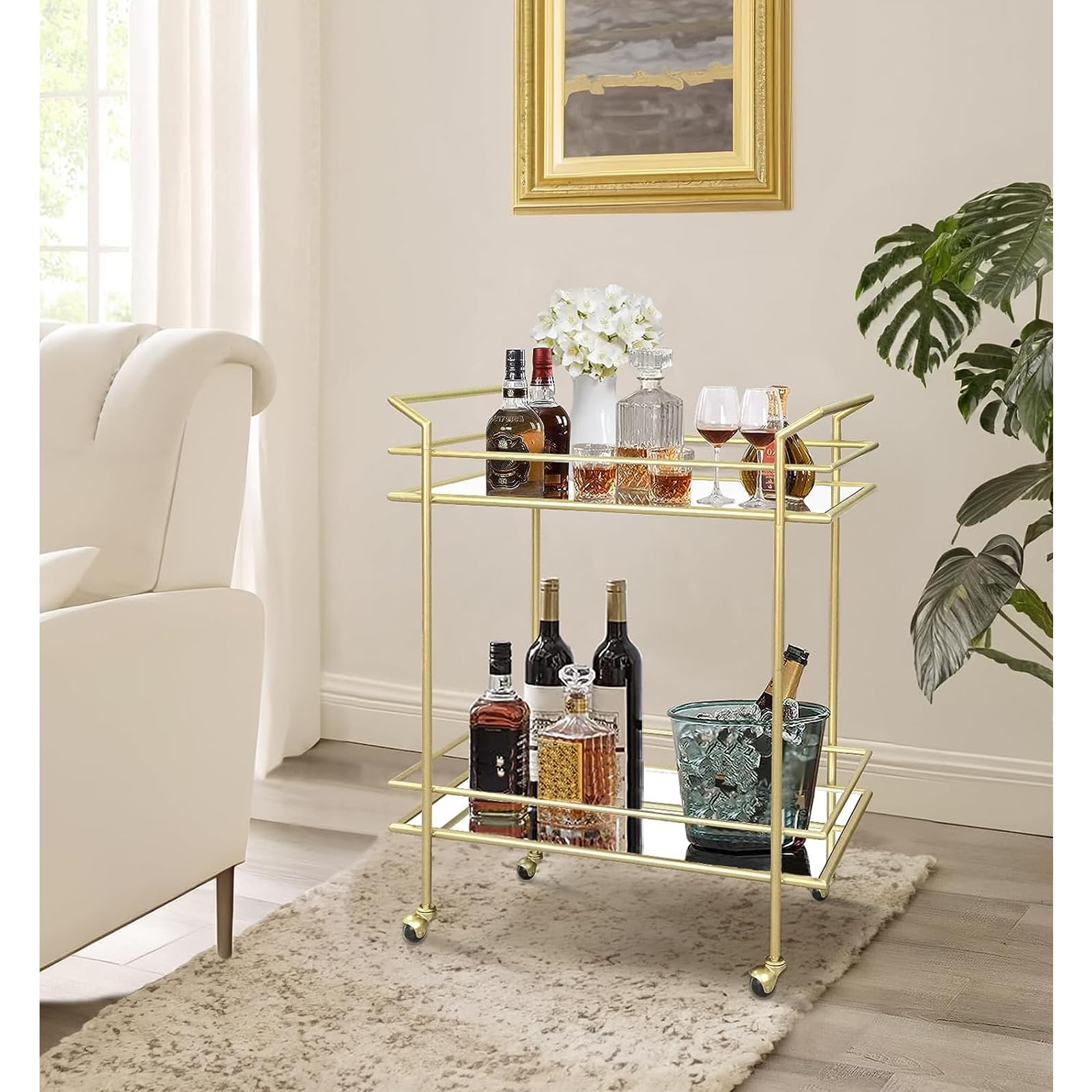 GIFTTROVE Gold Bar Cart for Home, 2 Tier Bar Serving Cart, Rectangular Rolling Bar Cart with 2 Mirrored Shelves, Wine Cart Stand for Kitchen, Living Room