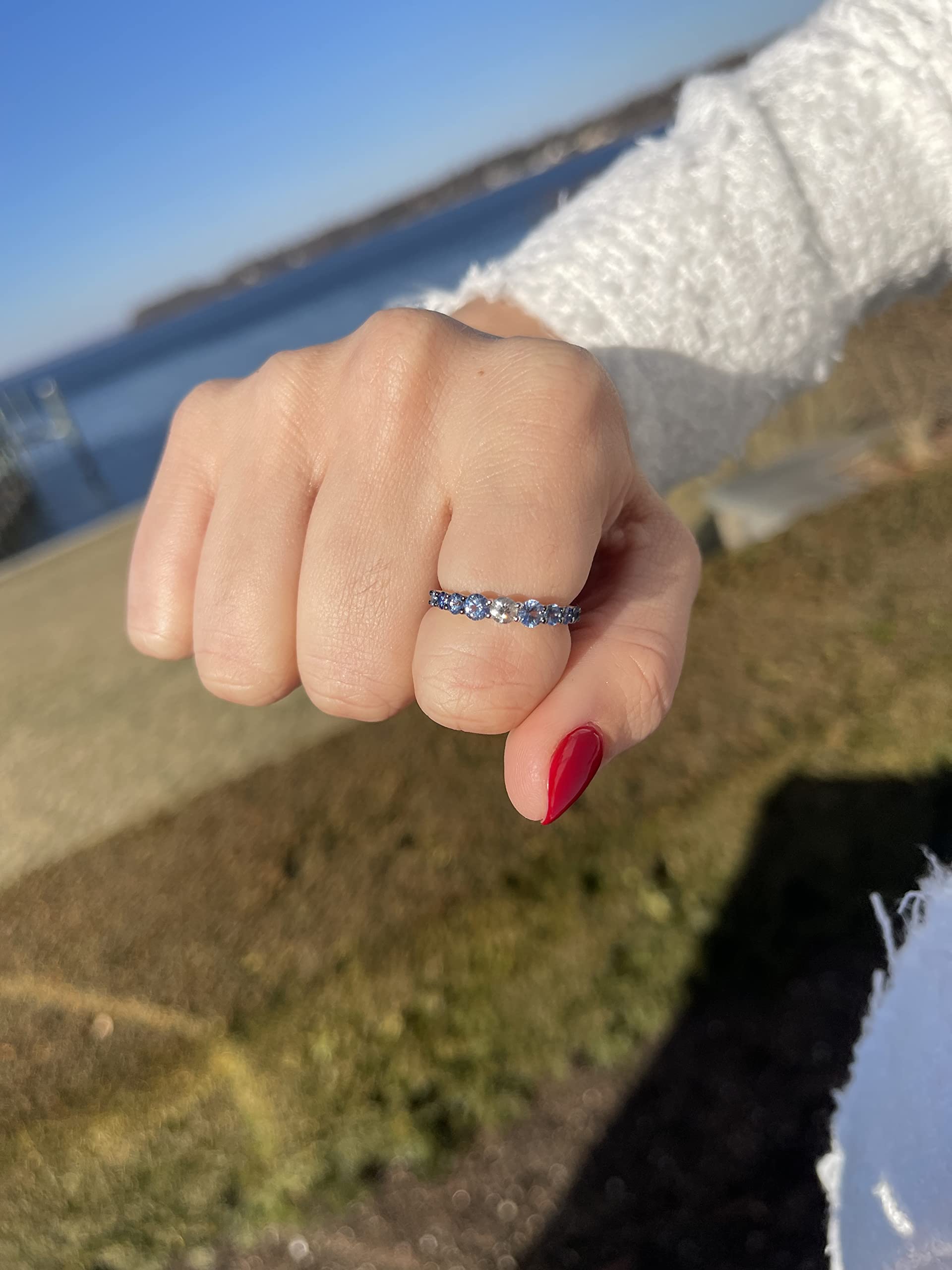 LE VIAN 1 Carat White and Blue Sapphire Classic Stackable Band Ring for Women in 14k White Gold Promise Anniversary Ring Size 7