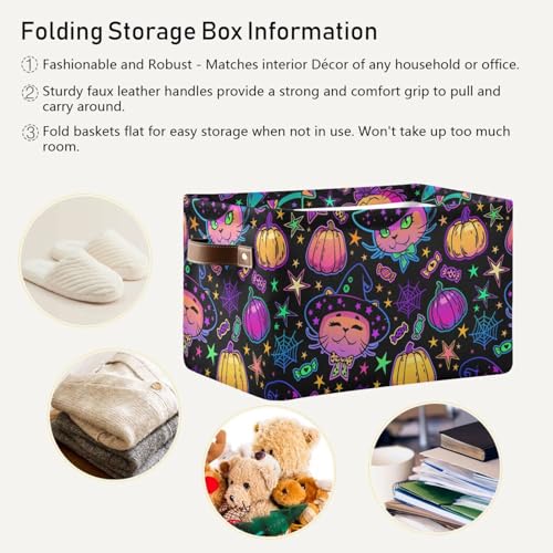 Halloween Black Cat Stars Storage Basket Bins Sturdy Toy Storage Organizer Bins Laundry Basket with Handles for Living Room Clothes Nursery Closet Shelf Playroom,1 pcs