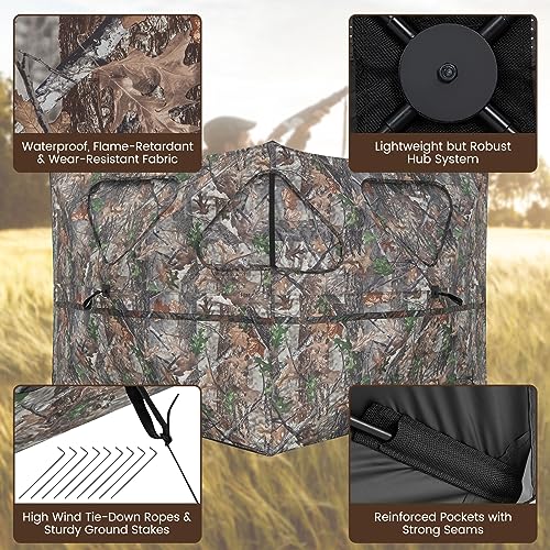GYMAX Hunting Blind, 2-Panel See Through Pop Up 2-3 Persons Camouflage Deer Blind with Windows & Carrying Bag, Portable Folding Outdoor Ground Blind for Deer Turkey Hunting Gear Accessories
