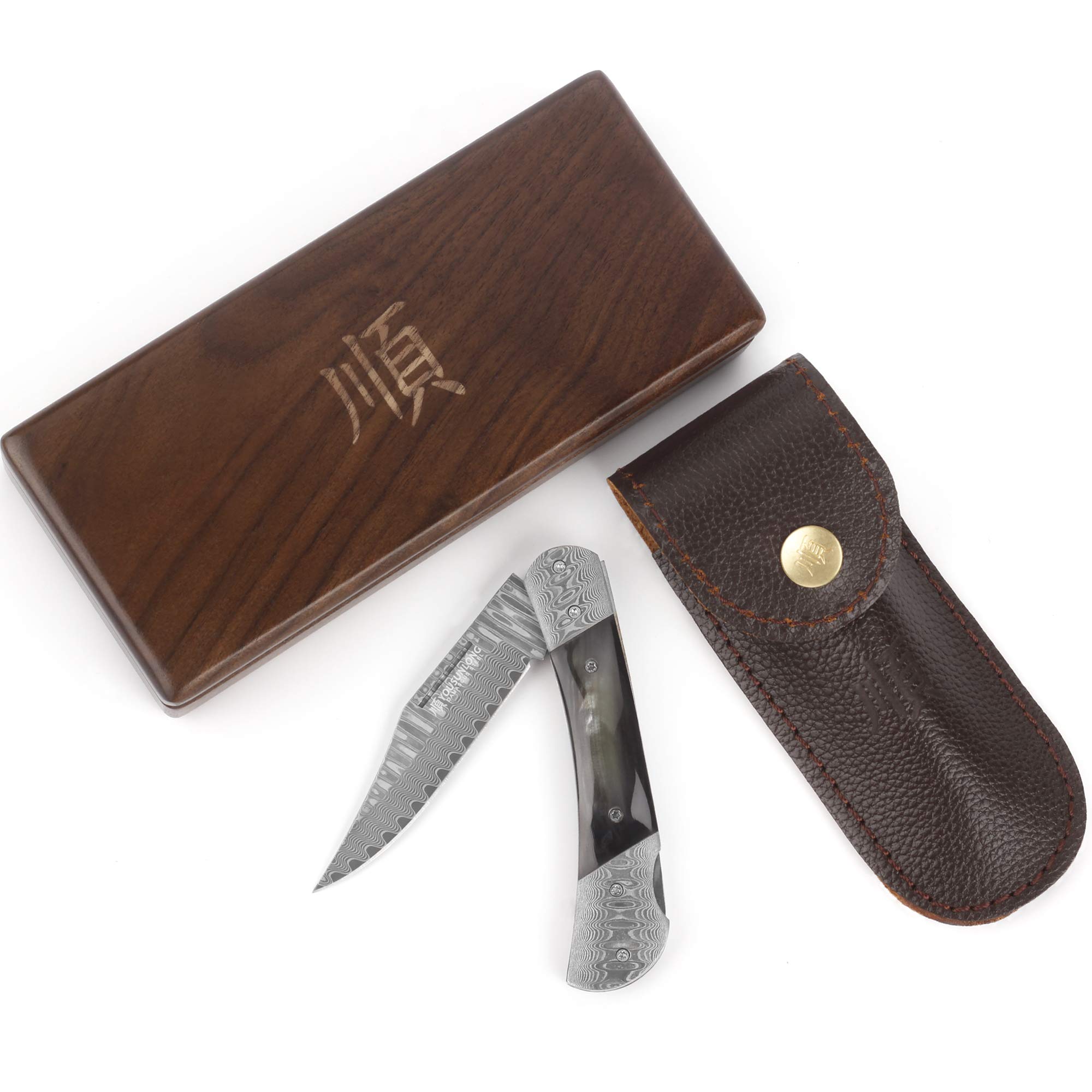 YOUSUNLONG Pocket Folding Knife Overall 195mm - Damascus Steel Blade - Bull Horn Handle