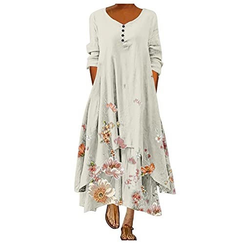 Long Dress for Women Retro Floral Maxi Dress Pattern Printed Layered Swing Dress White