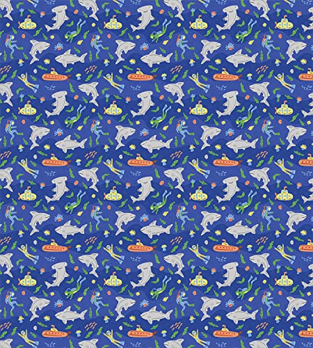 Lunarable Shark Duvet Cover Sets, Underwater Cartoon with Continuous Submarine Diver and Shark Fish, Bedding Set with 2 Duvet Covers 4 Pillowcases, 2 Pack Cal King Size, Violet Blue Multicolor
