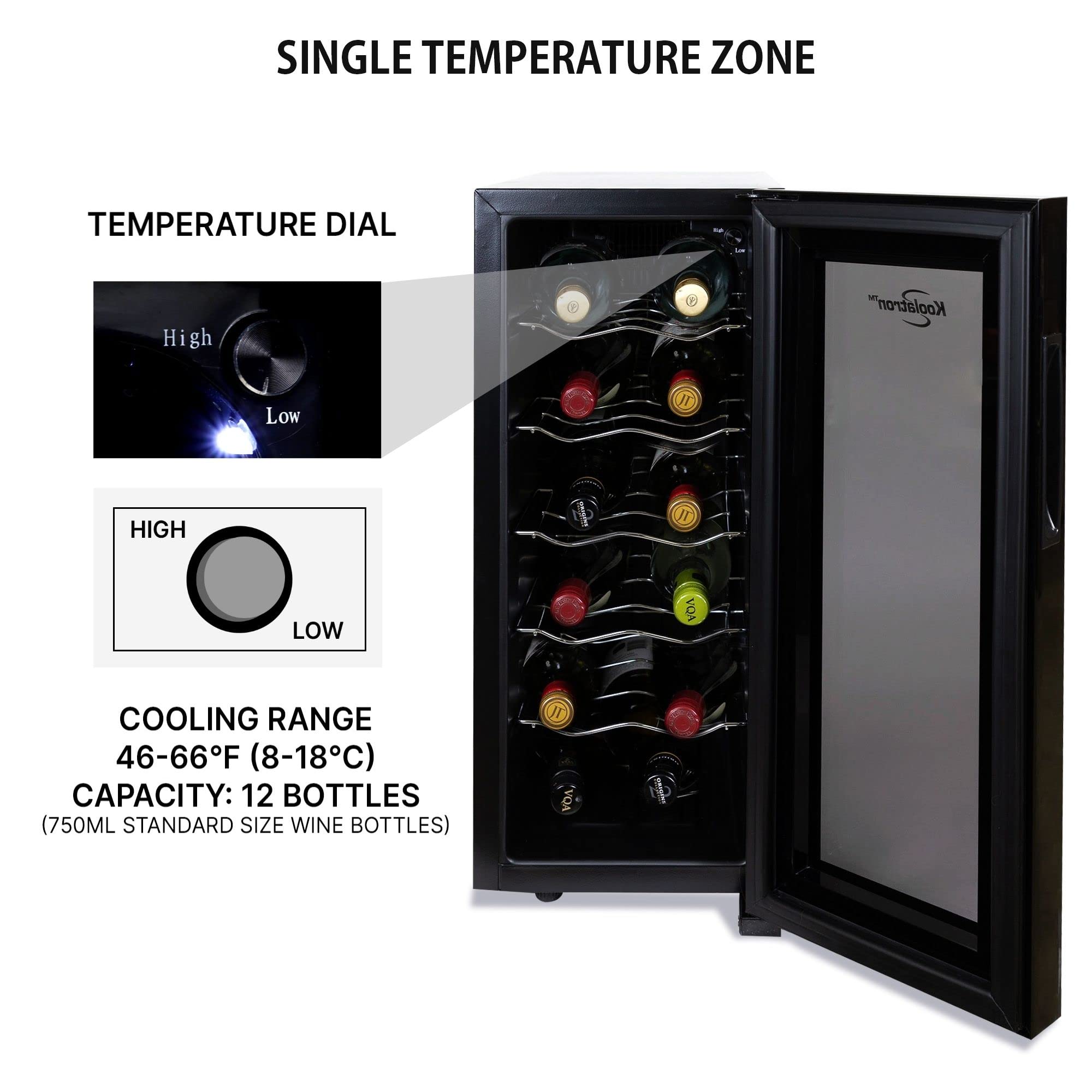 Koolatron 12 Bottle Wine Cooler, Black, Thermoelectric Wine Fridge, 1 cu. ft. (28L), Freestanding Wine Cellar, Red, White and Sparkling Wine Storage for Small Kitchen, Apartment, Condo, RV