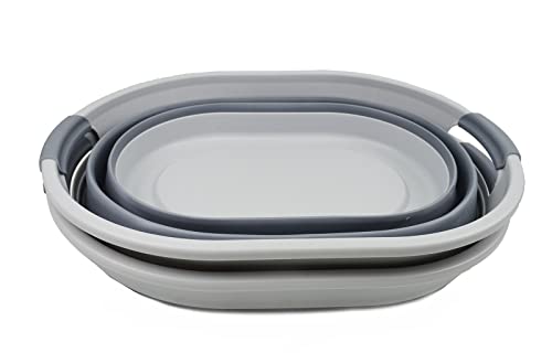 SAMMART 28L (7.4 gallon) Oval Collapsible Plastic Laundry Basket - Foldable Pop Up Storage Container/Organizer - Portable Washing Tub - Space Saving Hamper/Basket (Grey (Set of 2))