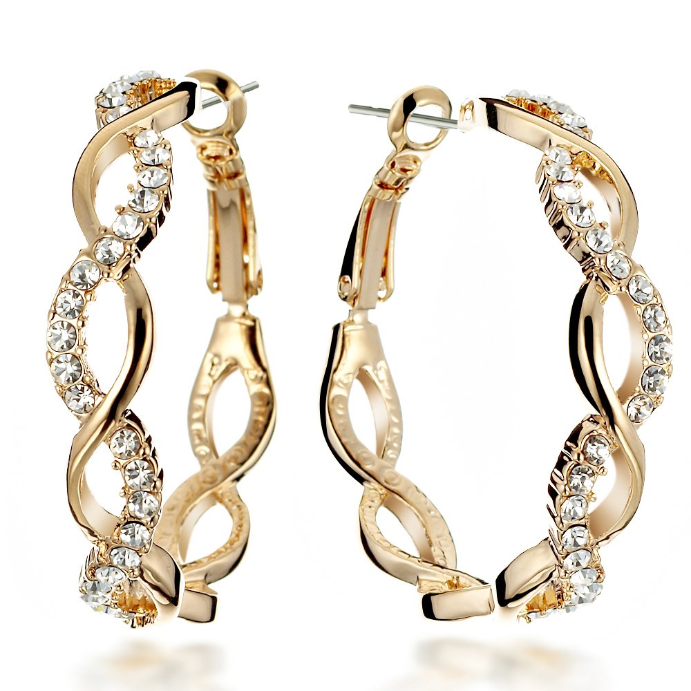 Gemini Women 18K Yellow Gold Plated Crystal Big Round Hoop Pierce Earring birthday Gift Sz 4cm Diameter