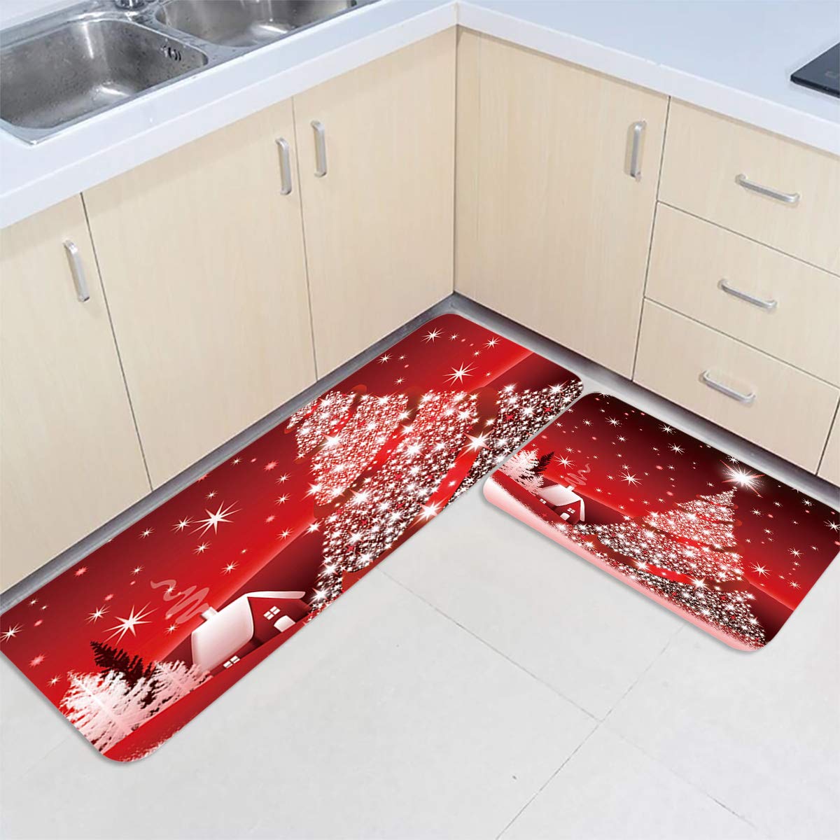 Kitchen Rug Sets 2 Piece Non-Slip Kitchen Mats and Rug Red Merry Christmas Tree Bright Country Winter Farmhouse Decorative Area Runner Rubber Backing Carpets Floor Doormat
