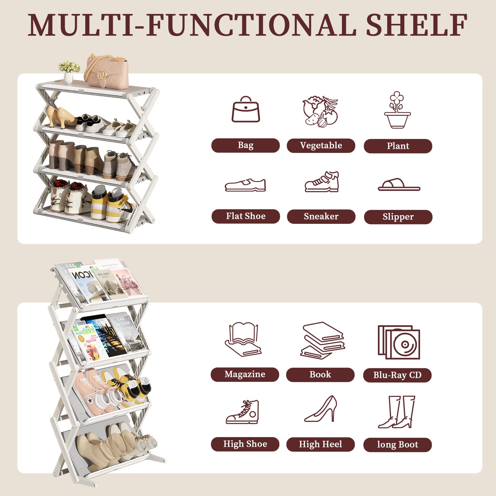 HAIXIN Shoe Rack for Closet, 4-Tier Shoe Shelf Space Saving, 8-12 Pairs Shoe and Boot Organizer, Multifunctional Storage Rack for Entryway, Door, Garage, Bedroom, Grey