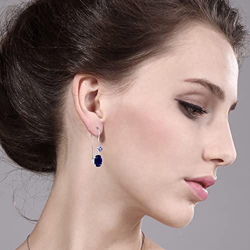 Gem Stone King 14K White Gold Blue Sapphire and Blue Tanzanite French Wire Dangle Earrings For Women (1.26 Cttw, Gemstone September Birthstone, Oval 6X4MM and Round 2.5MM)
