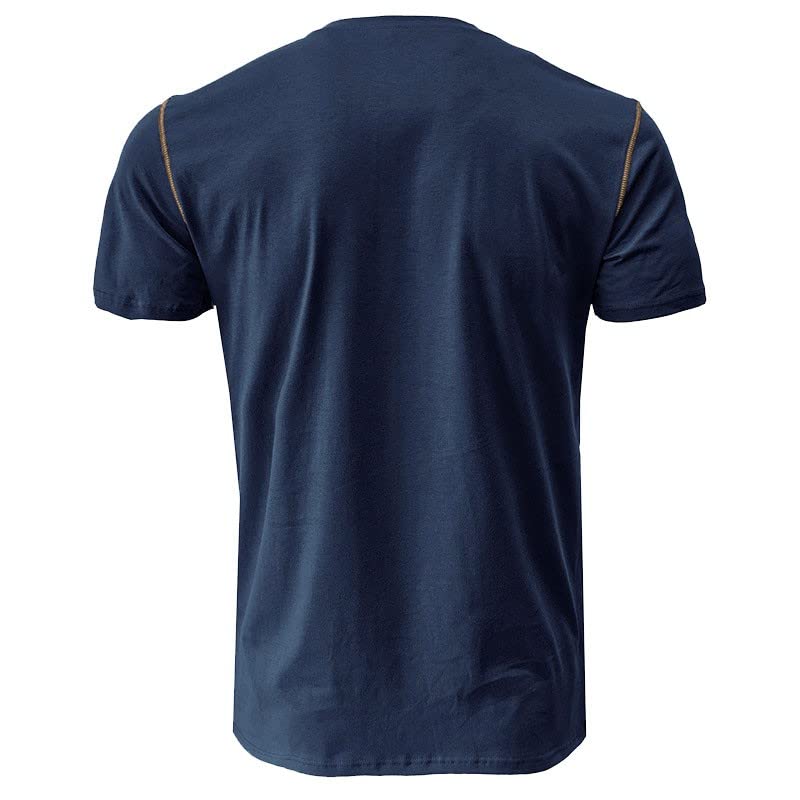 Male Spring and Summer Retro Business Casual Travel Multi Buttons O Neck Solid Color T Shirt Short Sleeve Top