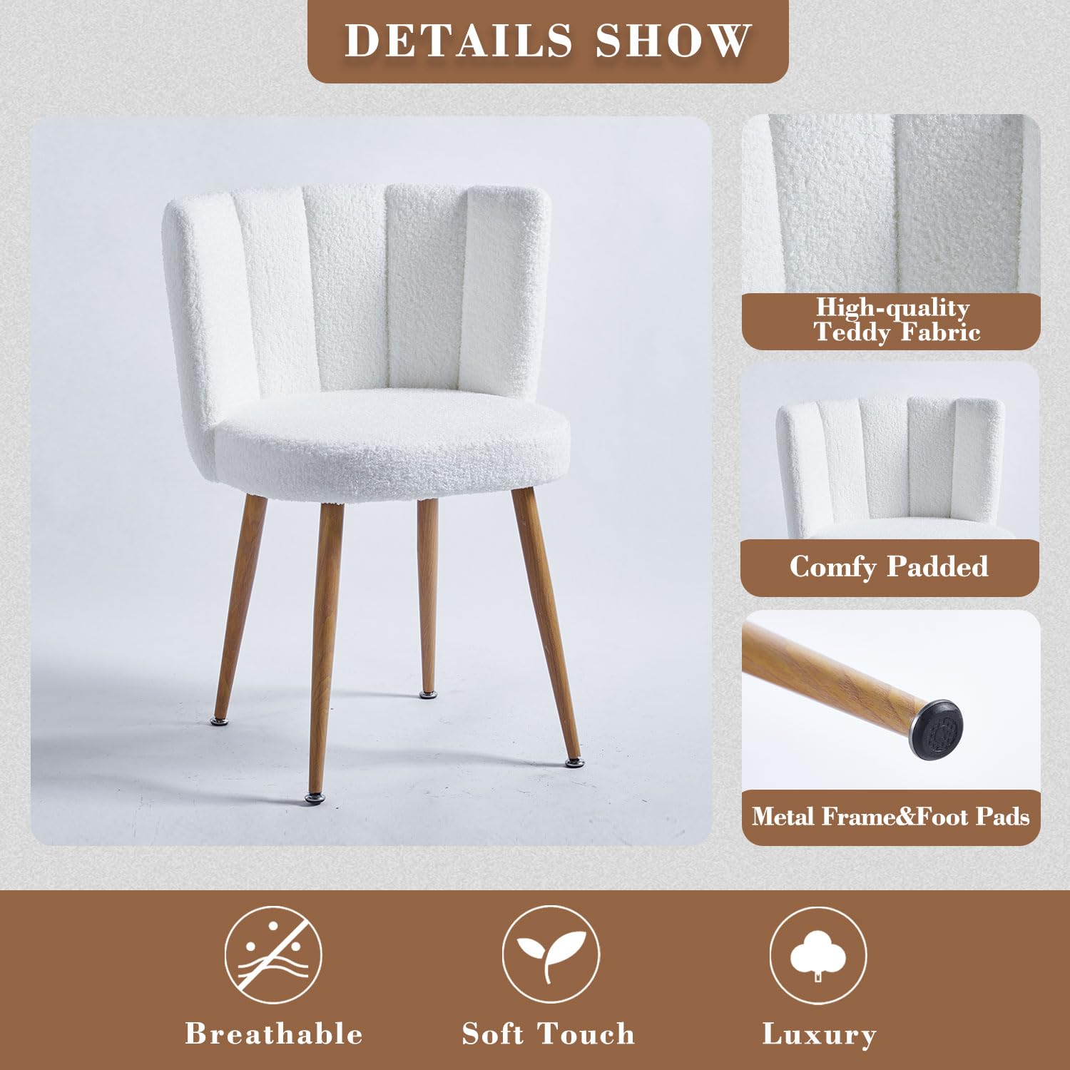 HAIZAO Modern White Boucle Dining Chairs Set of 4, Curved Backrest Upholstered Kitchen Dining Room Chairs, Mid-Century Dining Chair with Metal Legs