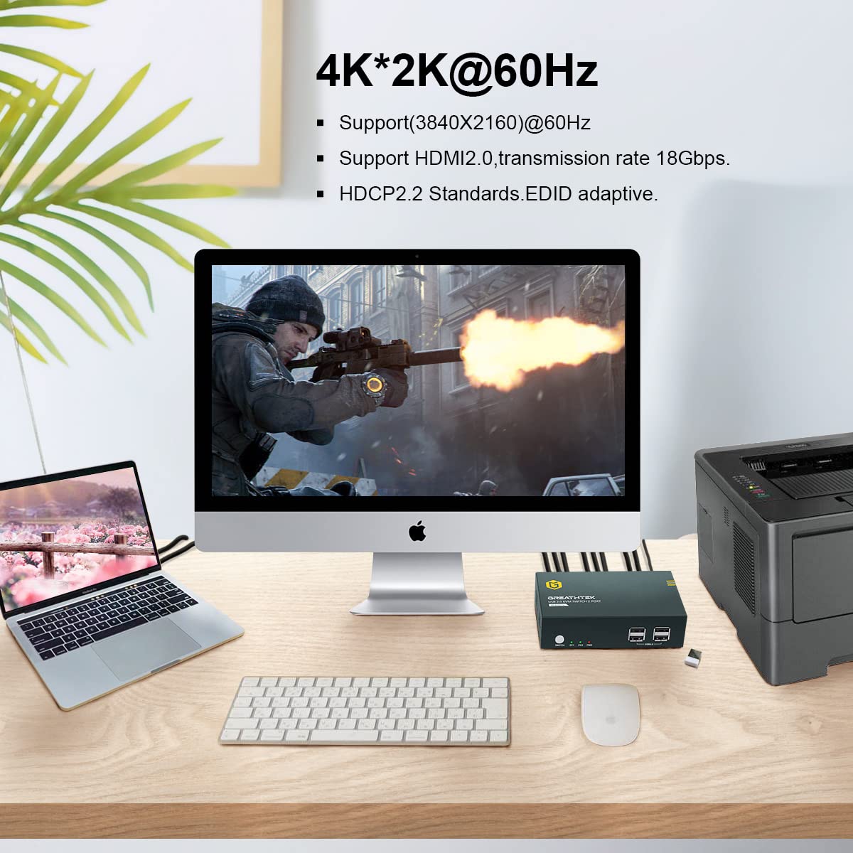GREATHTEK KVM Switch HDMI 4 Port Box, UHD 4K@60Hz & 3D & 1080P Supported, Hot Key Switch, with 4 USB-B and 4 HDMI Cables