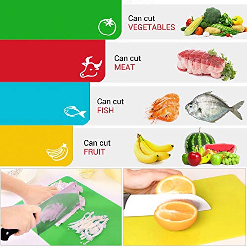 Kitchen Plastic Cutting Board Set - Extra Thick Flexible Cutting Mat for Cooking, Non-Slip Chopping Board with Colored Food Icons & Easy-Grip Handles, Dishwasher Safe, Set of 4