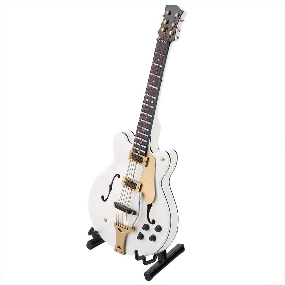 Hilitand White Miniature Guitar, 7in Instrument Model, with Adjustable AFrame Stand, Mini Musical Instrument, Electric Guitar Ornaments, Christmas/Birthday Gift