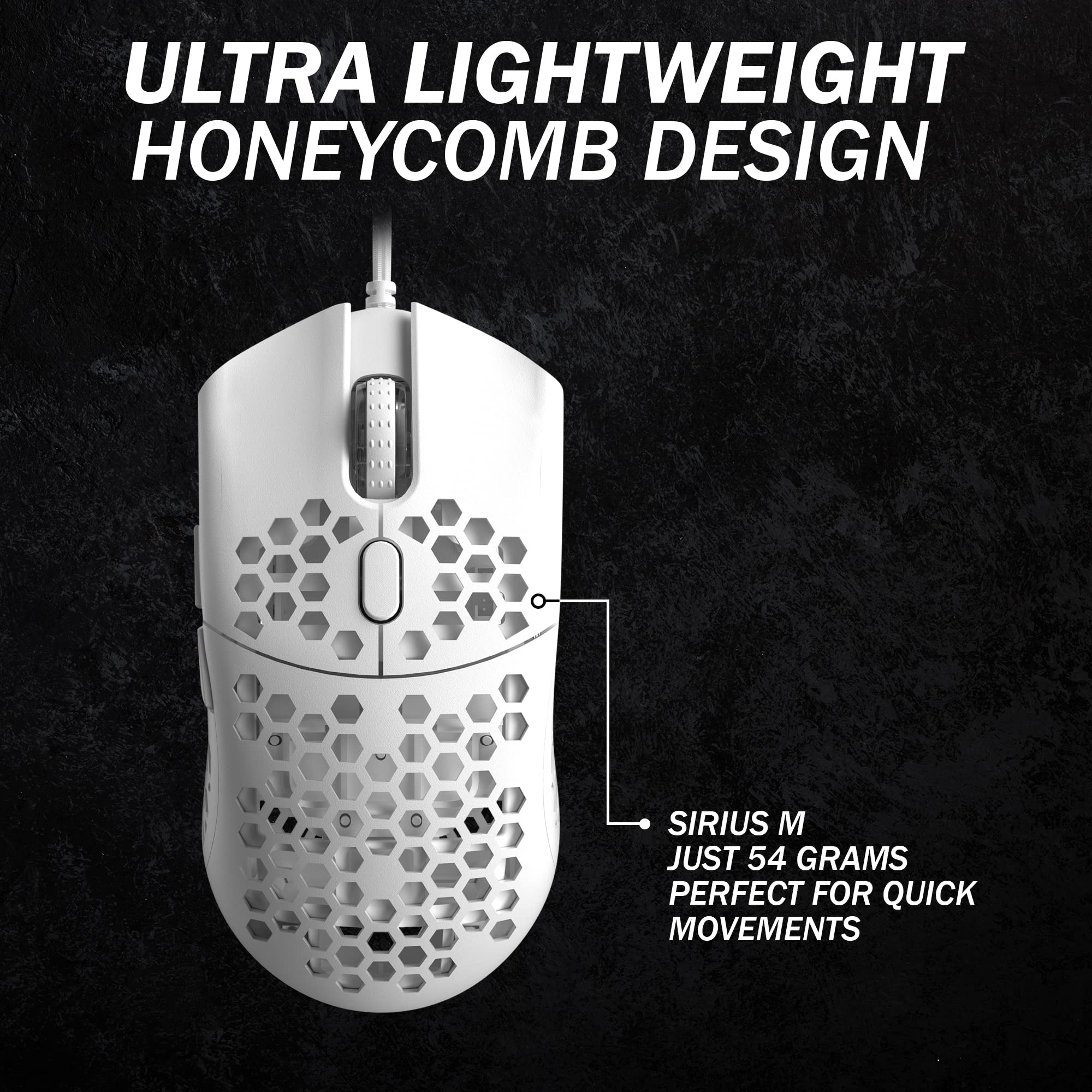 HK Gaming Sirius M Ultra Lightweight Honeycomb Shell Gaming Mouse | 54 Grams | 12000 cpi | USB Wired | 6 programmable Buttons | On-Board Memory | Anti Slip Grips | Sirius-M 12000cpi White
