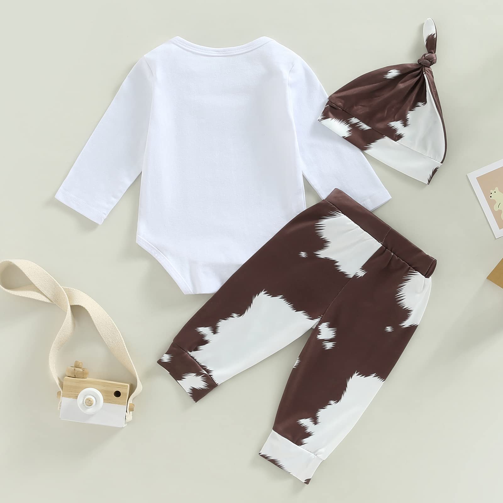 Newborn Infant Baby Boys Clothes Western Cowboy Letters Print Long Sleeve Bodysuit Pants Hat 3PCS Outfit Set
