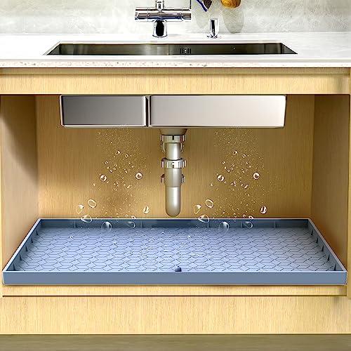 Under Sink Mat, 34" x 22" Sink Cabinet Protector, Waterproof & Flexible Silicone Under Sink Liner Drip Tray with Unique Drain Hole for Kitchen Bathroom, Hold 3.3 Gallons Liquid