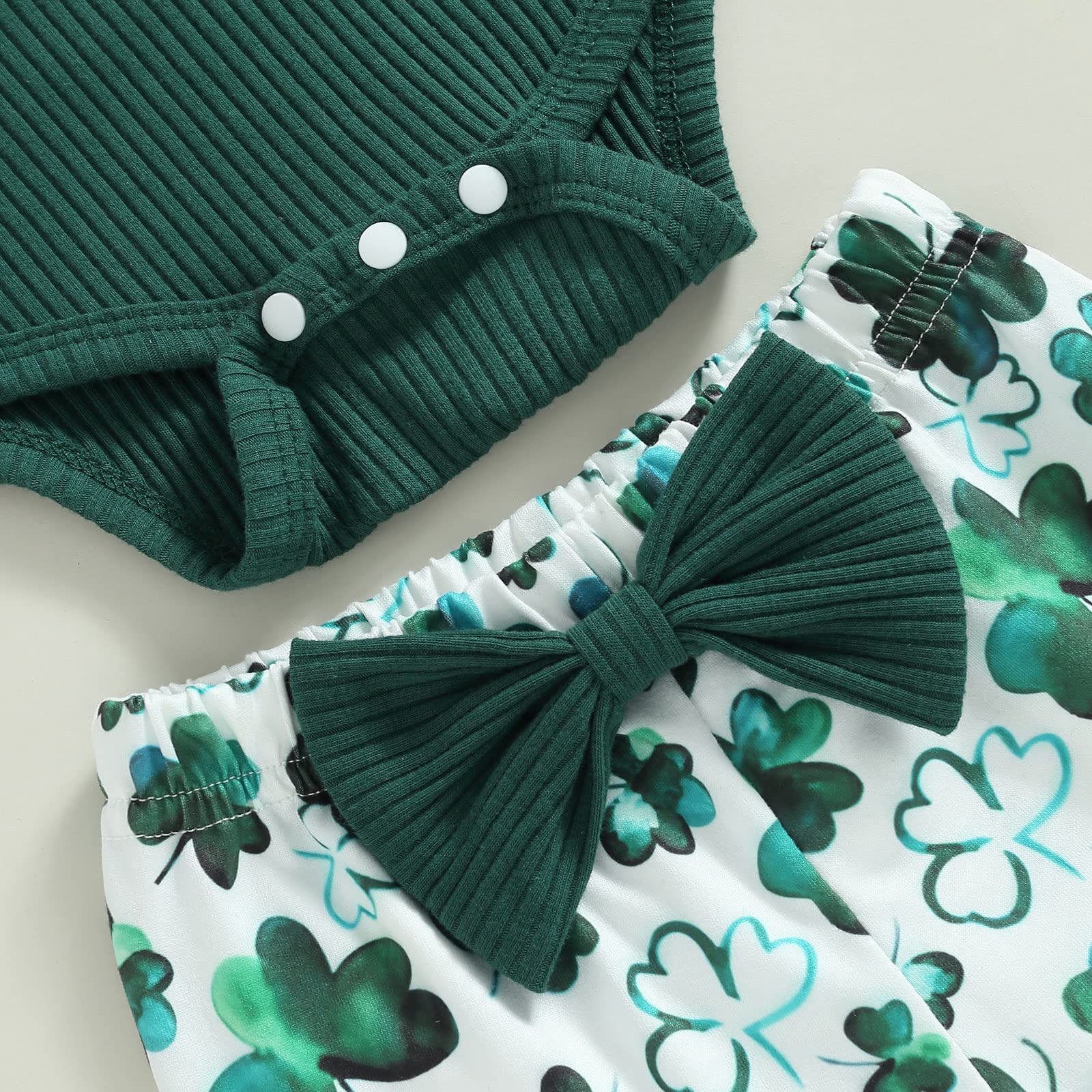 Newborn Infant Baby Girl St Patrick Day Clothes Long Sleeve Knitted Romper Clover Print Bell Bottom Pants Outfit Set (Green, 3-6 Months)